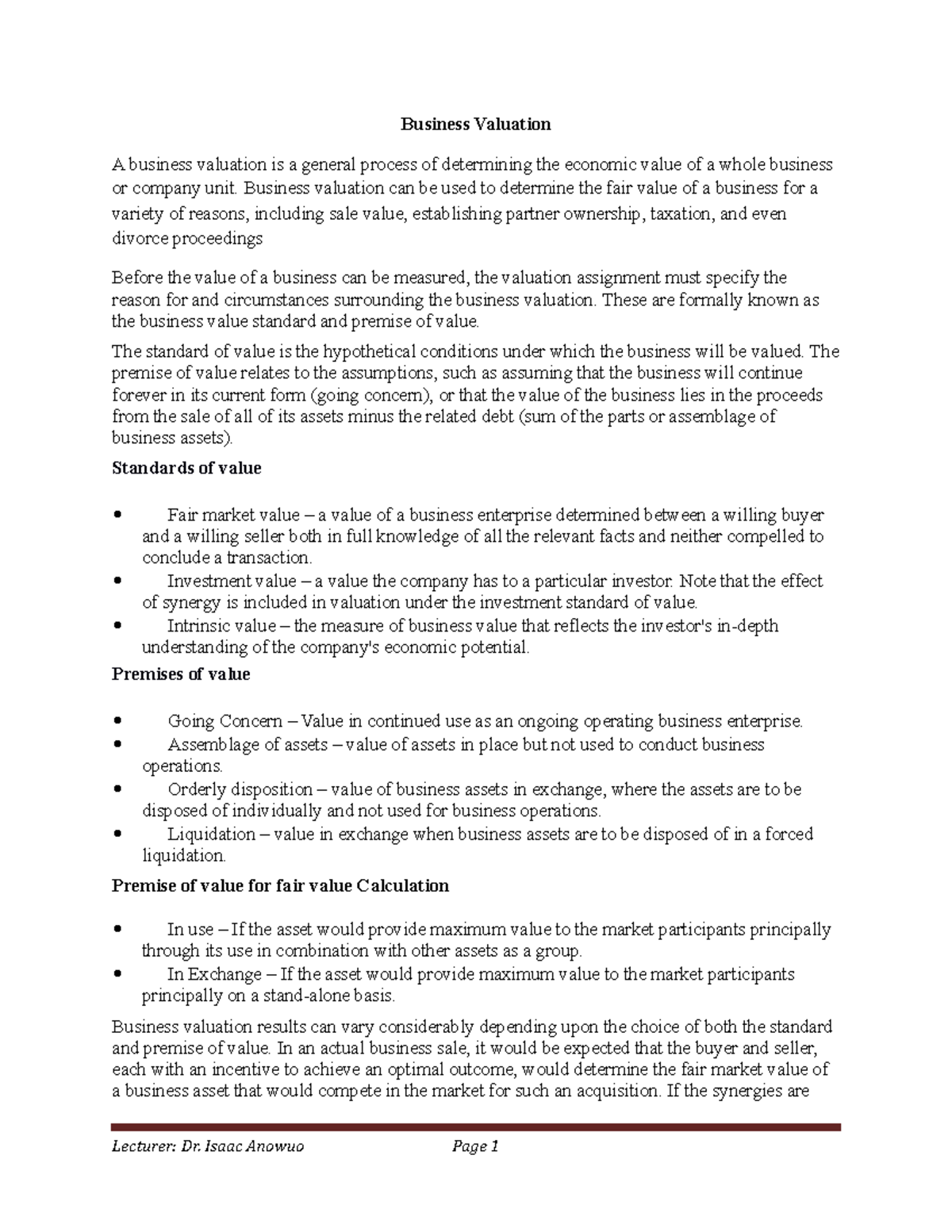 Business Valuation for Advance Accounting - Business Valuation A ...