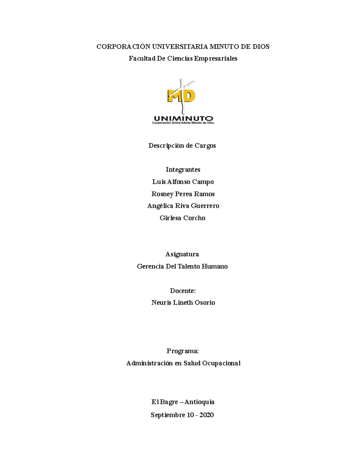 Descripcion Y Analisis DE Cargos DE TH - CORPORACIÓN UNIVERSITARIA ...