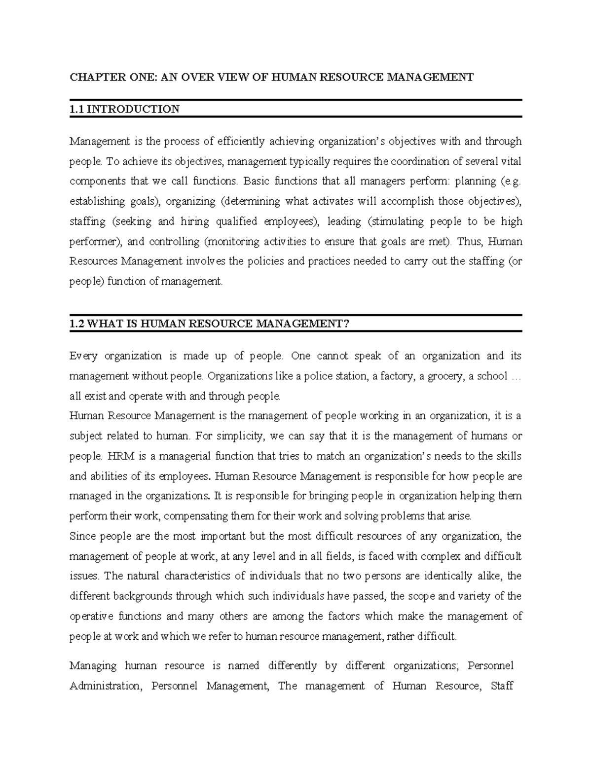 HRM Chapter 1 - most major course for management students - CHAPTER ONE ...