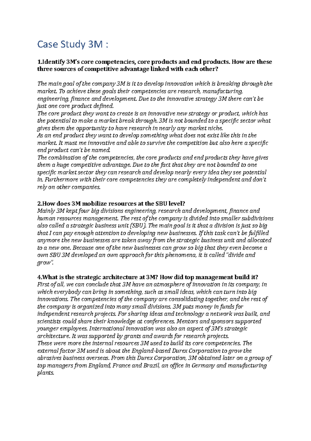 3m case - Case 3M - Case Study 3M : 1 core competencies, core products and end products. How are ...