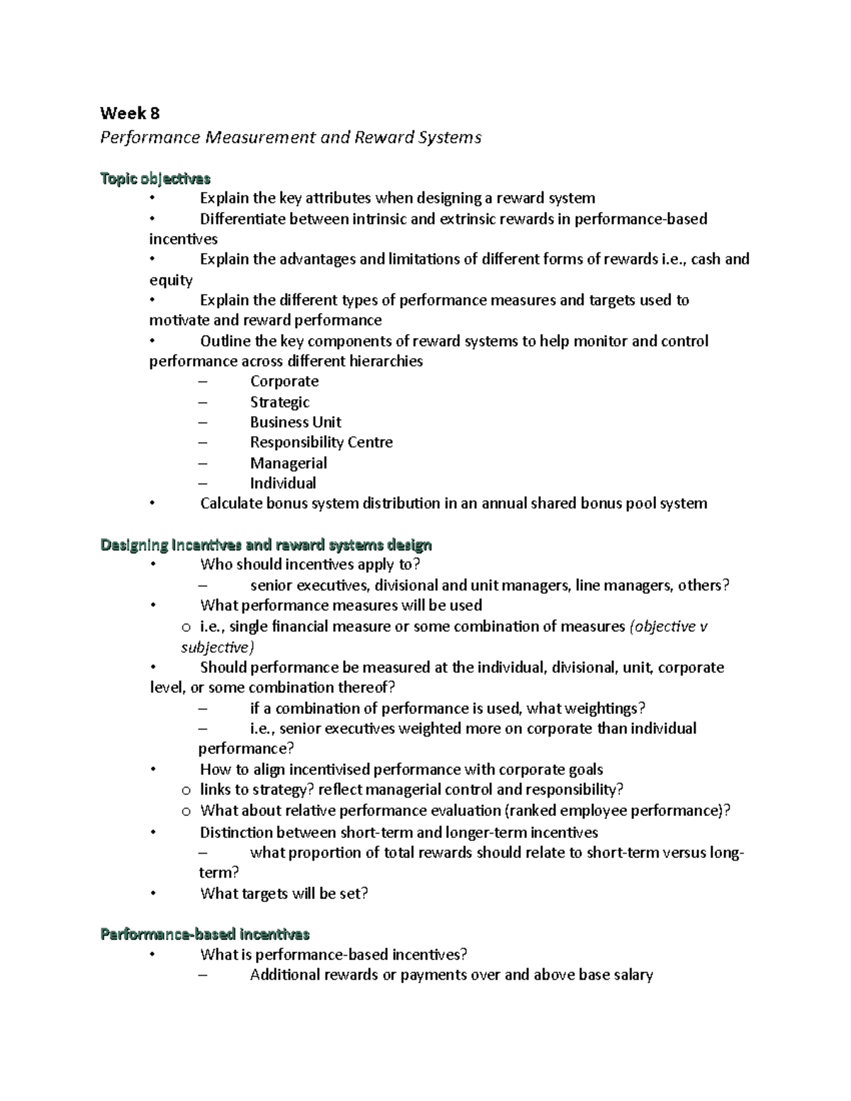 Week 8 Lecture - Performance Measurement and Rewards - Week 8 Performance Measurement and Reward ...