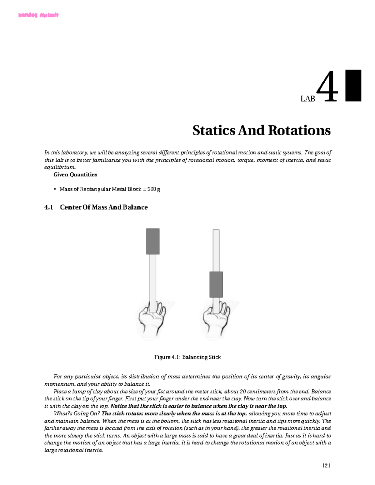 8A Lab4 Statics And Rotation - LAB 4 Statics And Rotations In this laboratory, we will be ...
