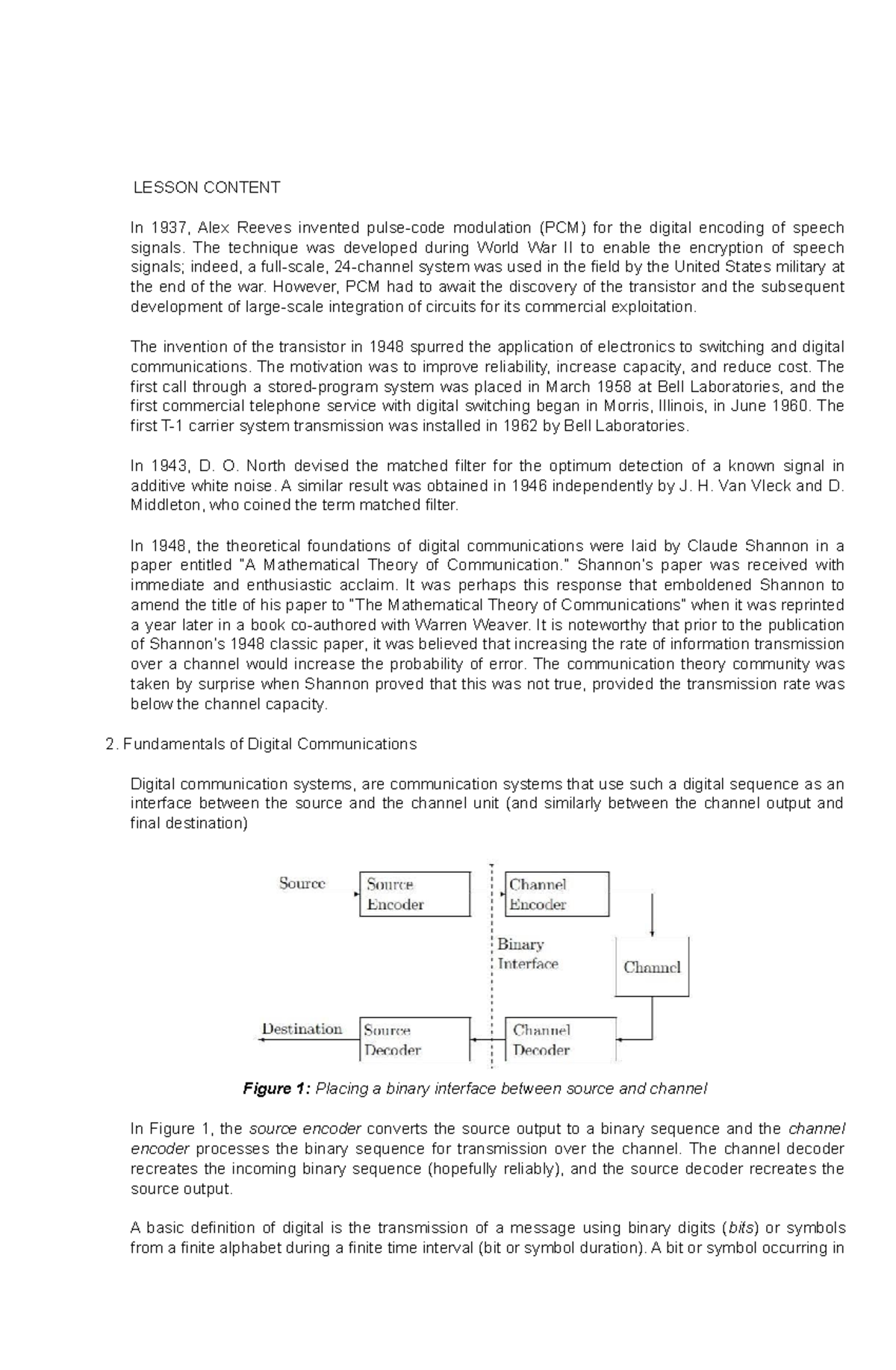 Modulation and Coding - IM 1 - LESSON CONTENT In 1937, Alex Reeves invented pulse-code ...