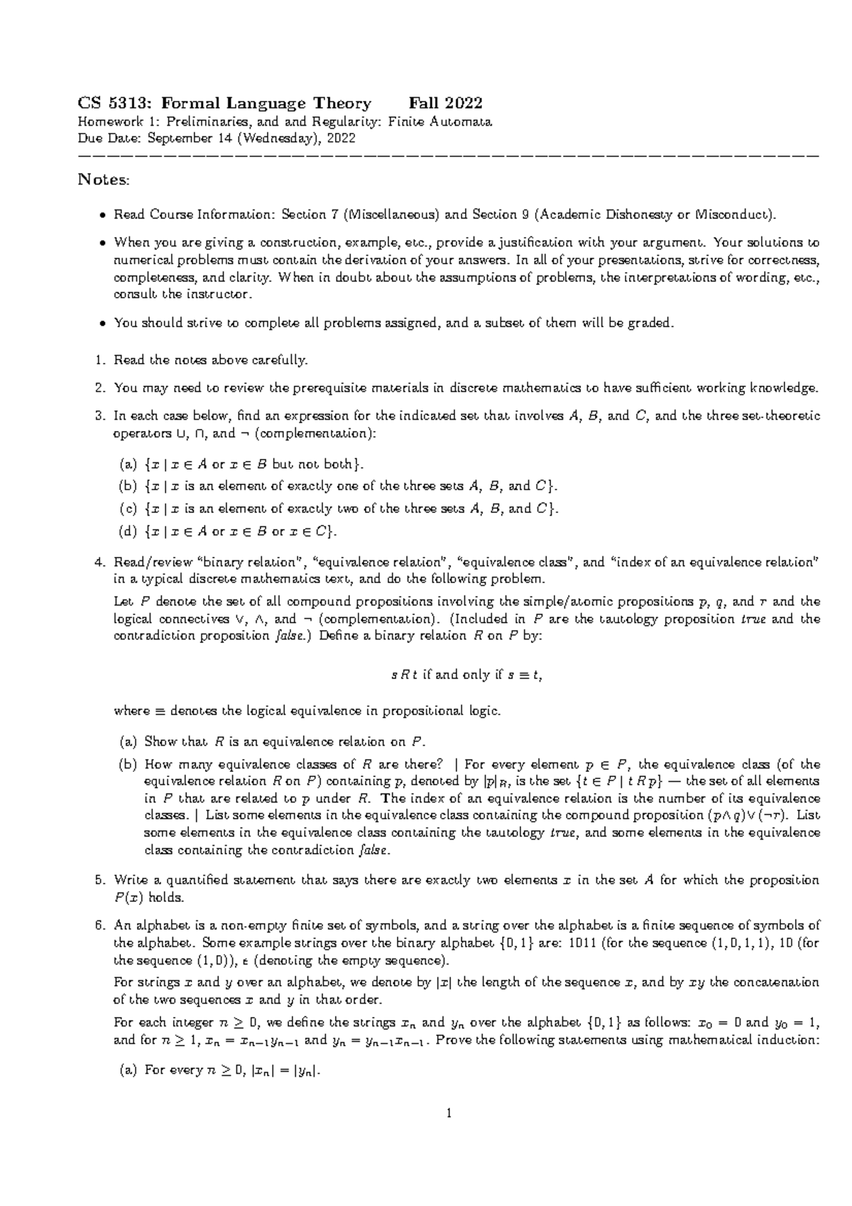 Hw1 - homework questions - CS 5313: Formal Language Theory Fall 2022 Homework 1: Preliminaries ...