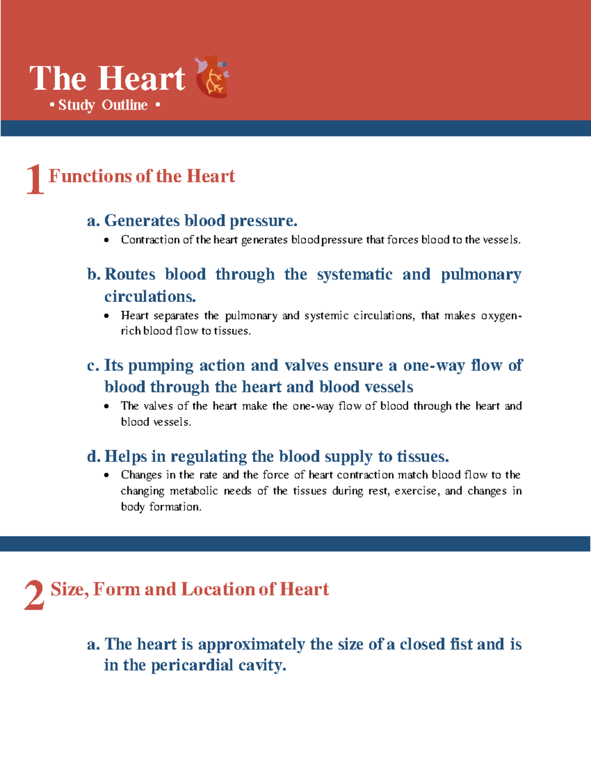 The Human Heart - Study Outline - a. Generates blood pressure ...