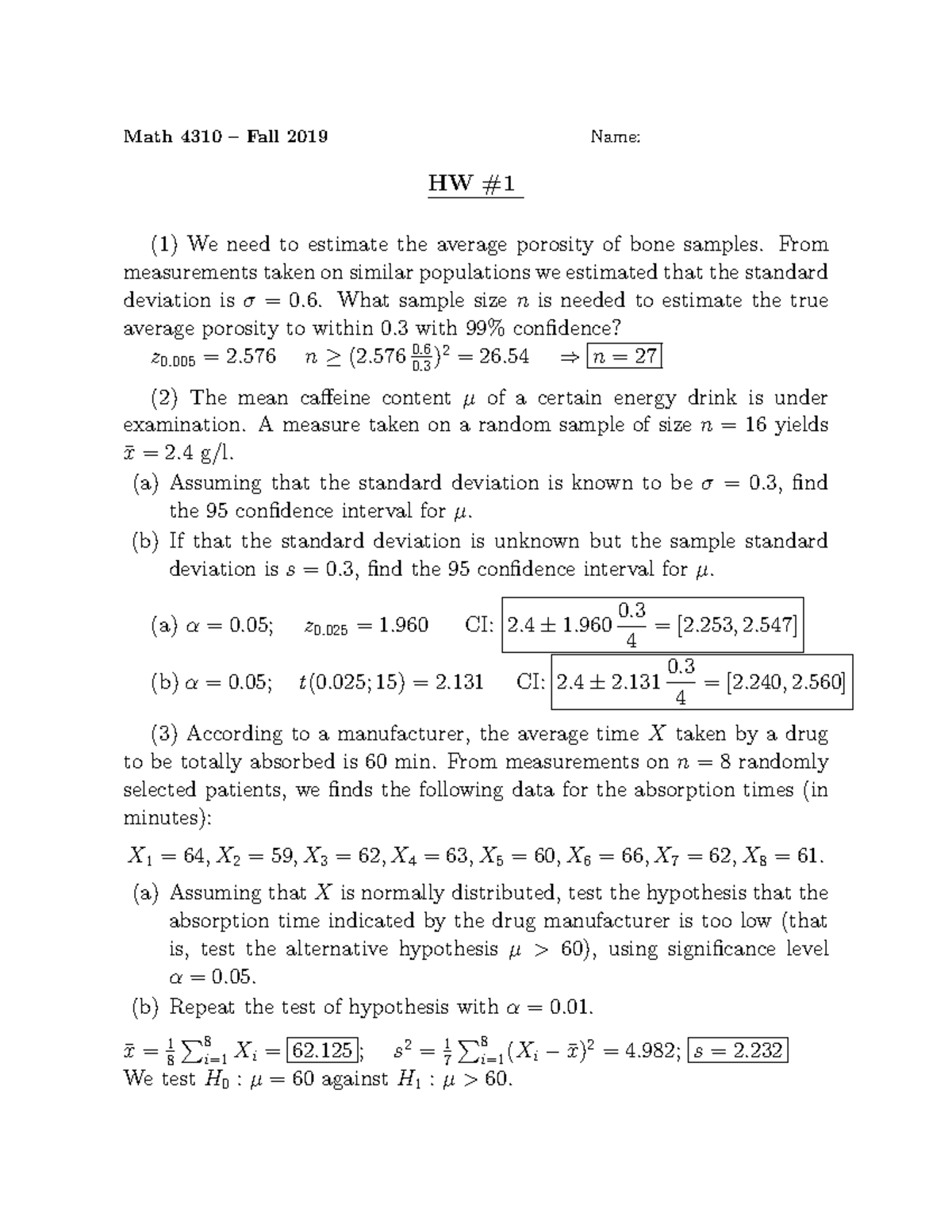 Mastery test 4 - 3 - MM2 - Math 4310 – Fall 2019 Name: HW # (1) We need ...