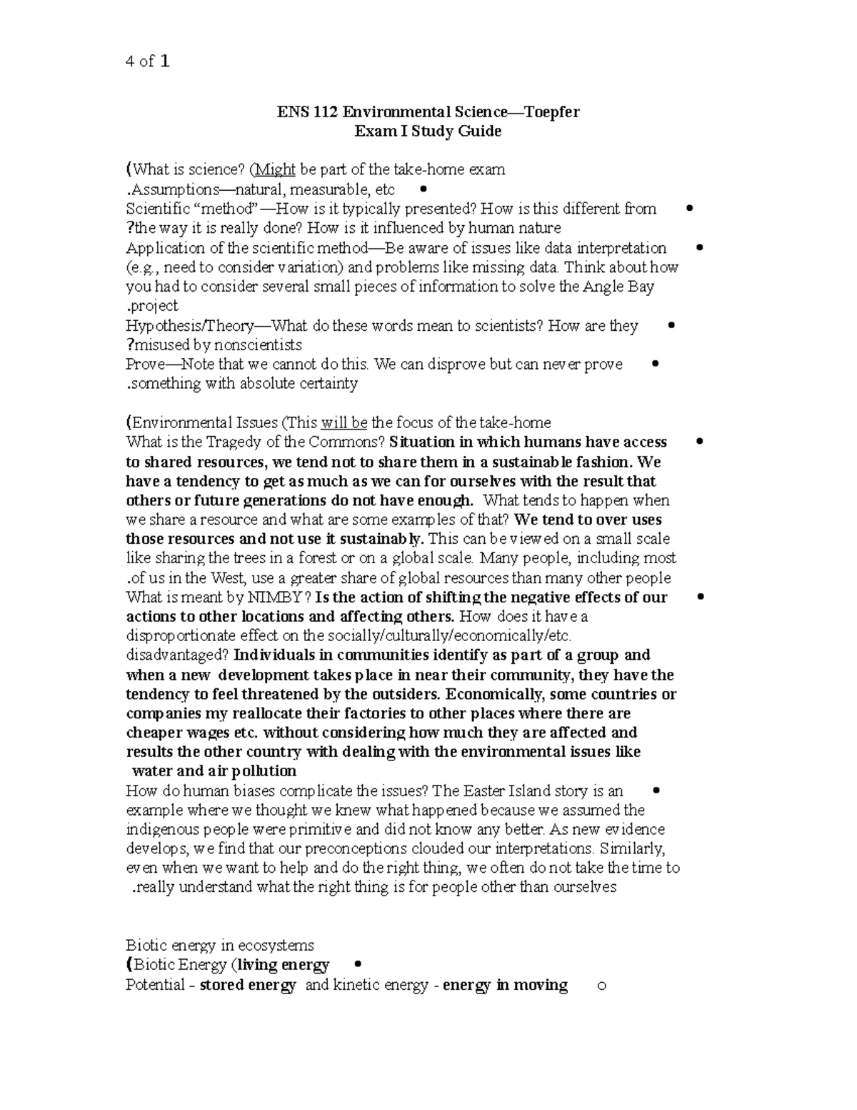 Exam I Study Guide - Dr Conrad Toepfer Class - ENS 112 Environmental ...