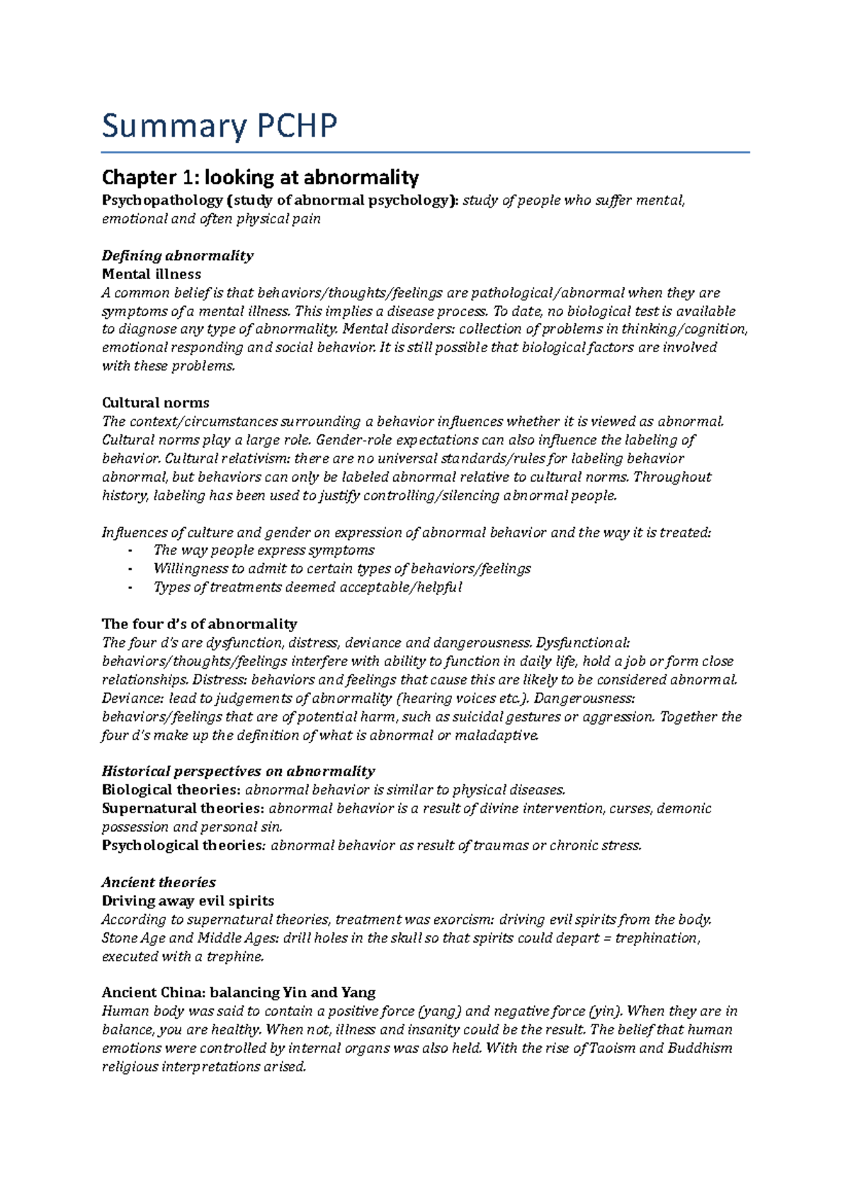 Summary PCHP - Summary PCHP Chapter 1: looking at abnormality ...
