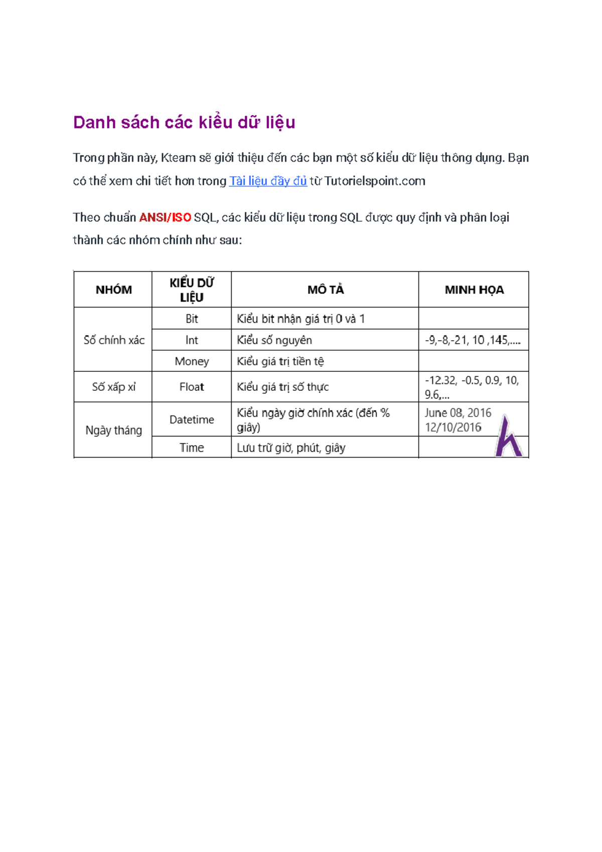Các kiểu dữ liệu SQL - SQL data - Danh s愃Āch c愃Āc ki ऀu dư뀃 liêụ Trong ...