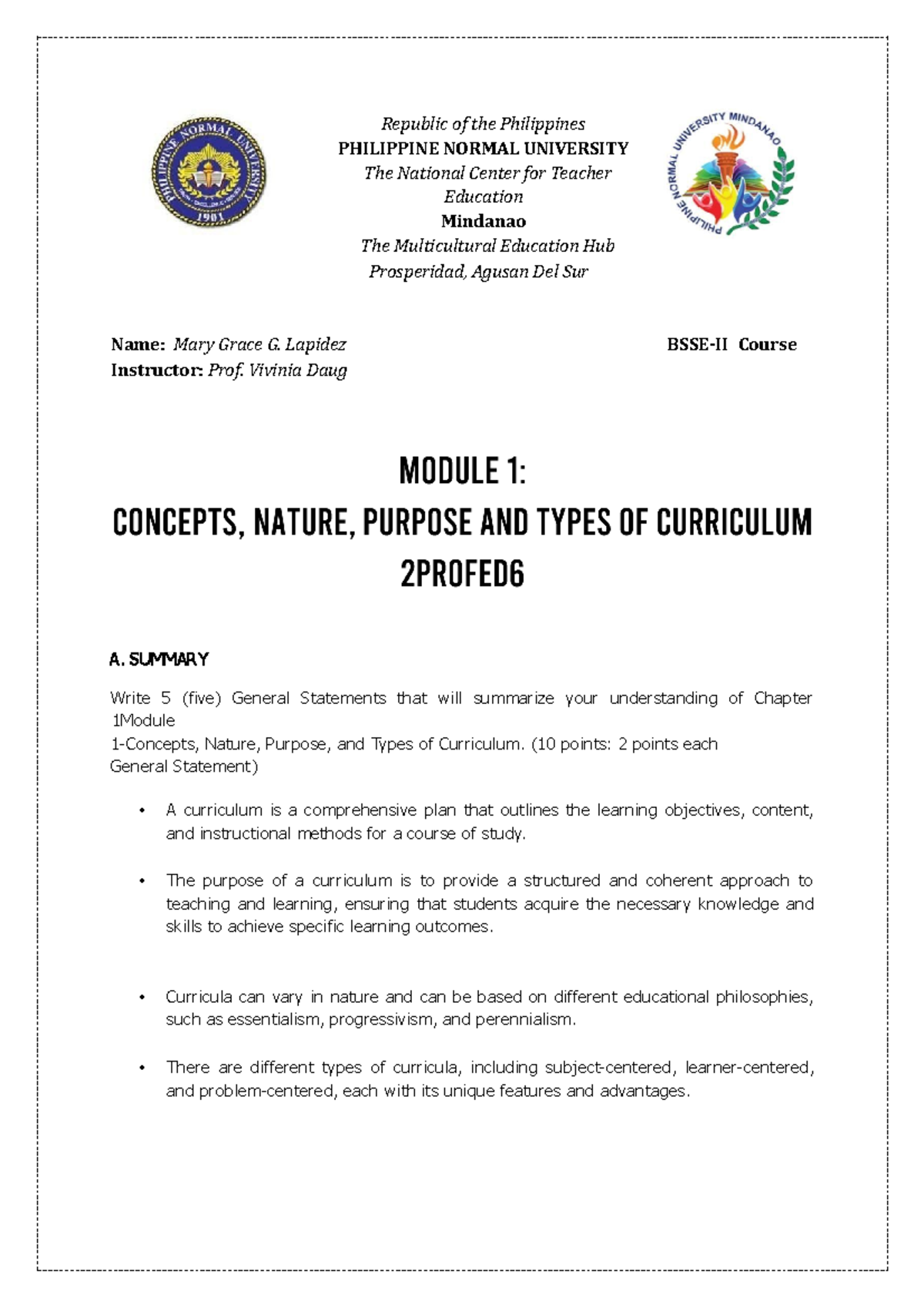 Lapidez- Bsseii- Profed 06 Module 1 - Republic of the Philippines ...