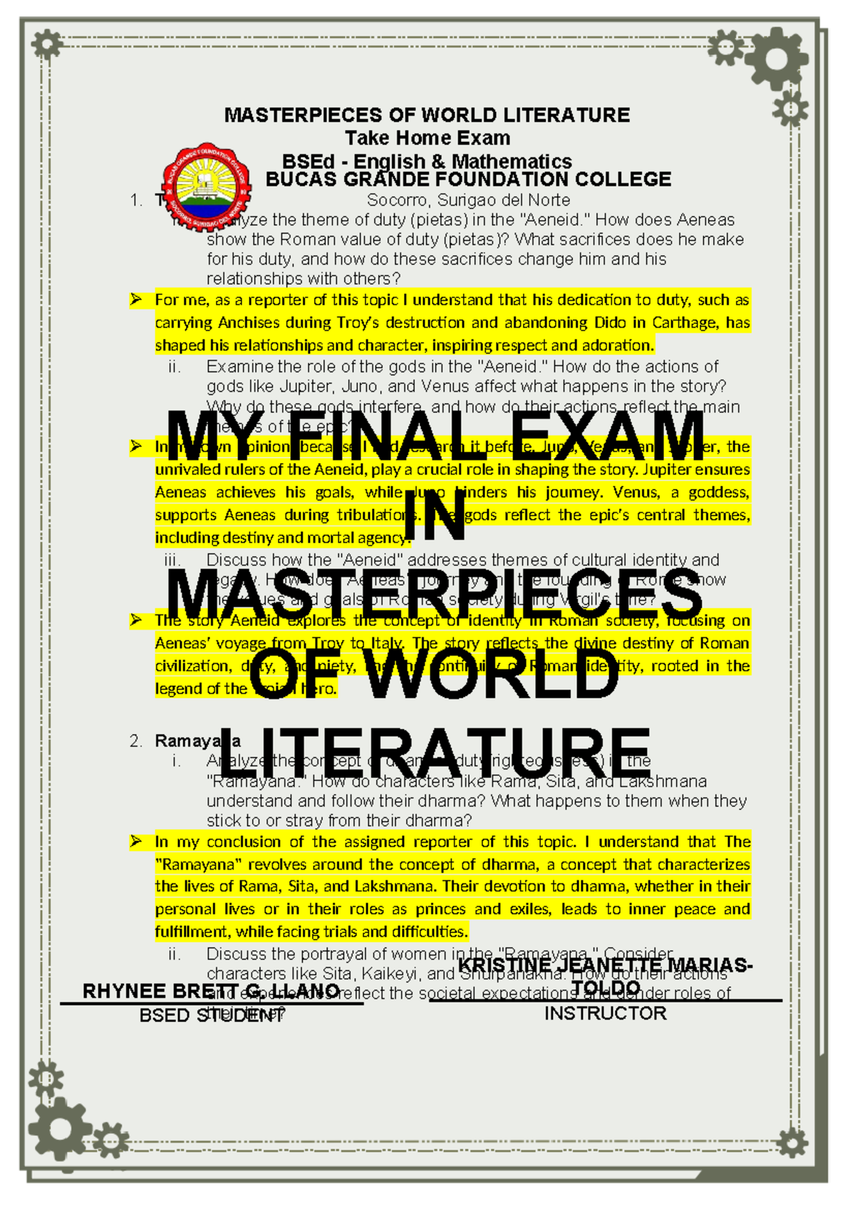 Summary of masterpieces of world literature. - MASTERPIECES OF WORLD ...