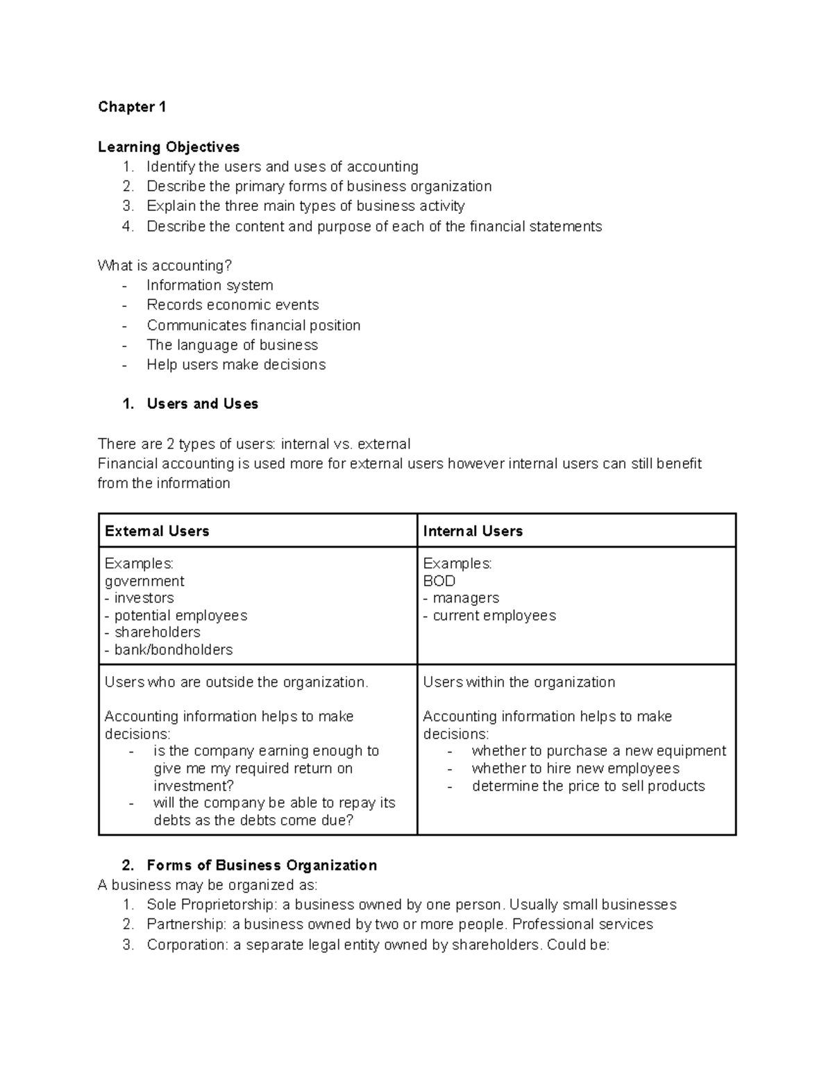 Chapter 1 - Chapter 1 Learning Objectives 1. Identify the users and ...