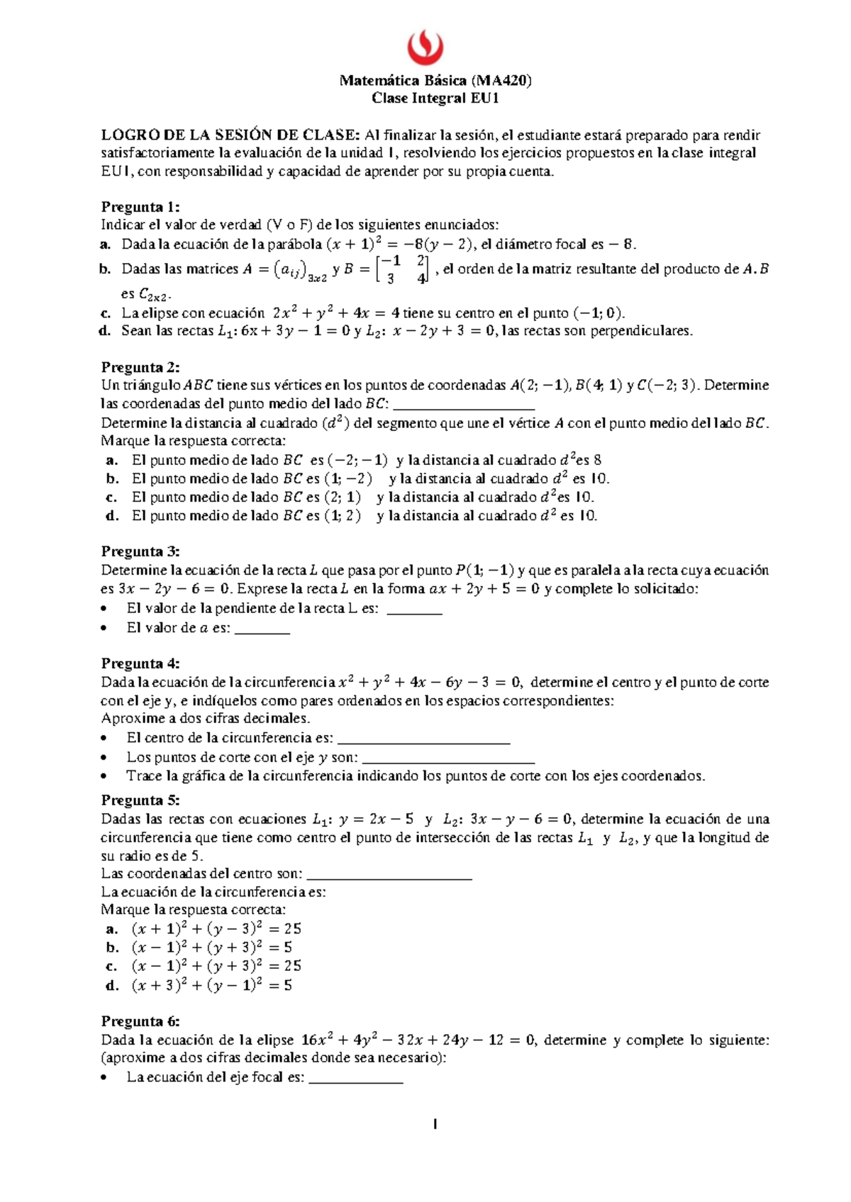 Clase Integral EU1 - Help - Matemática Básica (MA420) Clase Integral EU LOGRO DE LA SESIÓN DE ...