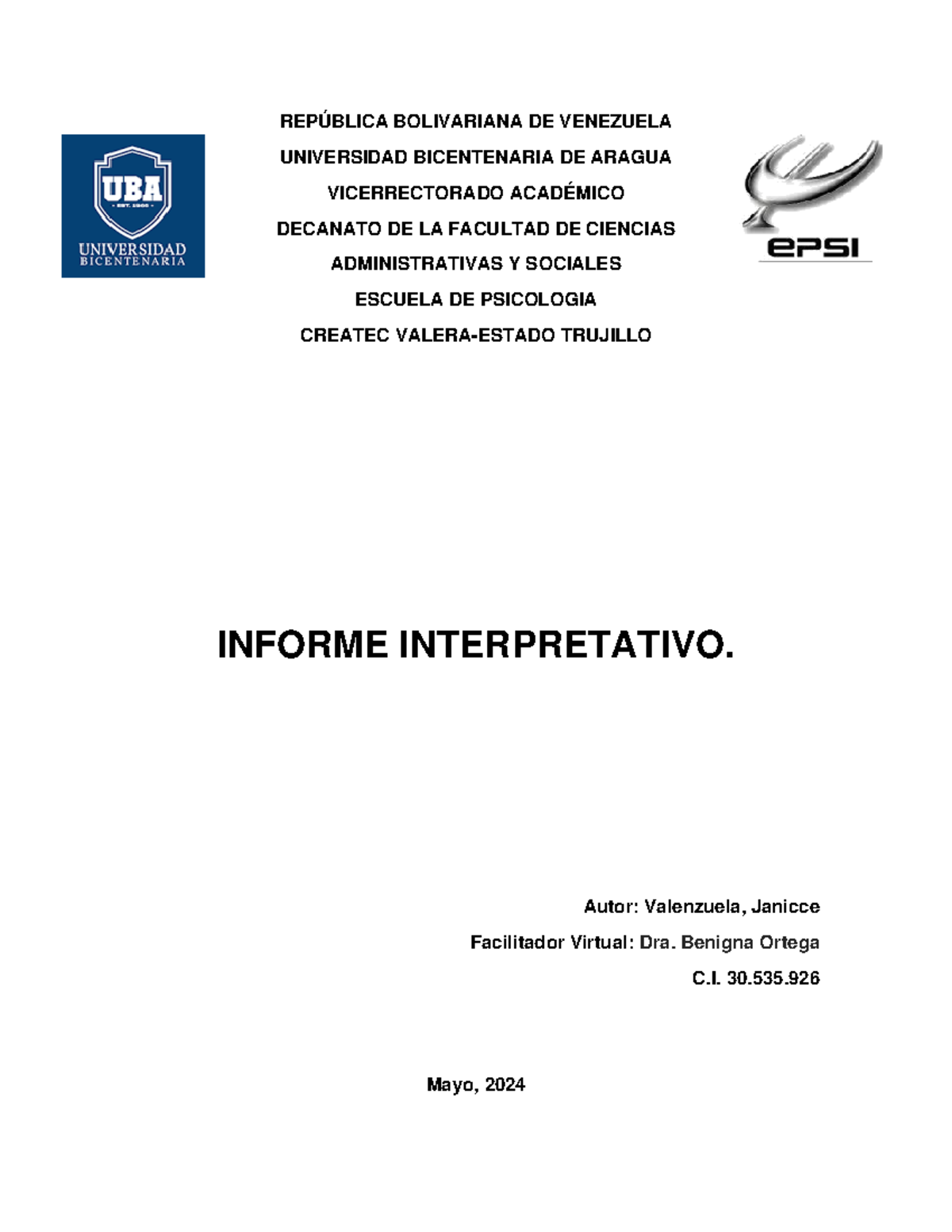 Informe Interpretativo- Valenzuela Janicce - REPÚBLICA BOLIVARIANA DE ...