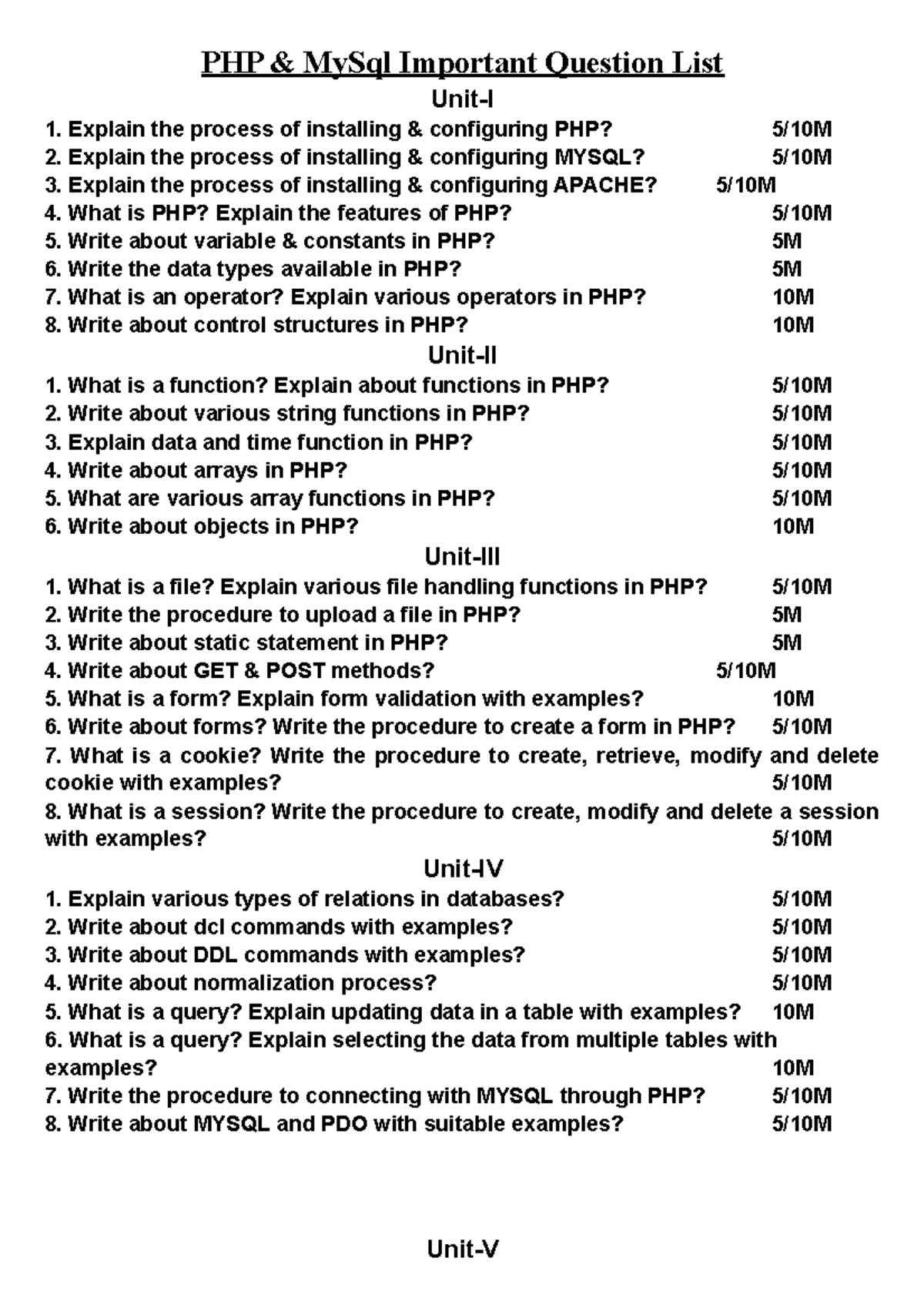 PHP(BSC) - DSK - PHP & MySql Important Question List Unit-I Explain the process of installing ...