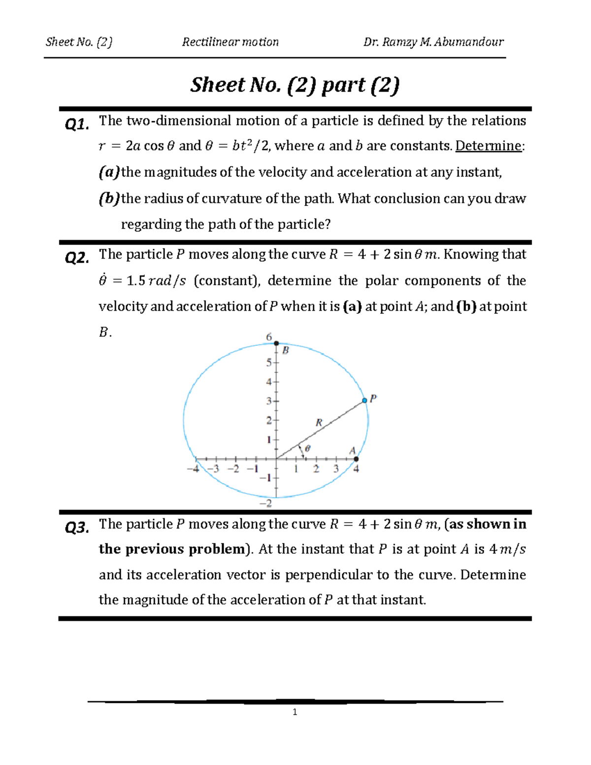 Sheet dynamic 2 part 2 - Sheet No. (2) part (2) Q1. The two-dimensional ...