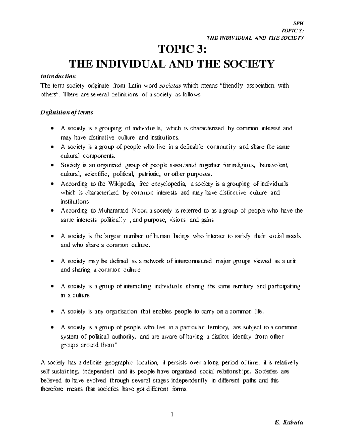 Topic 3 - Individual AND Society - SPH - TOPIC 3: THE INDIVIDUAL AND ...