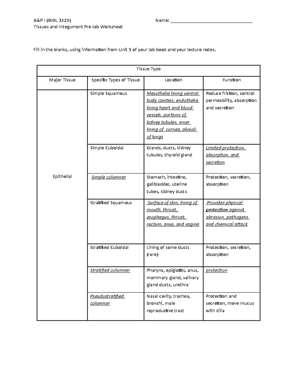 AP Pre-lab Assignment 2 - Tissues and Integument Pre-lab Worksheet Fill ...