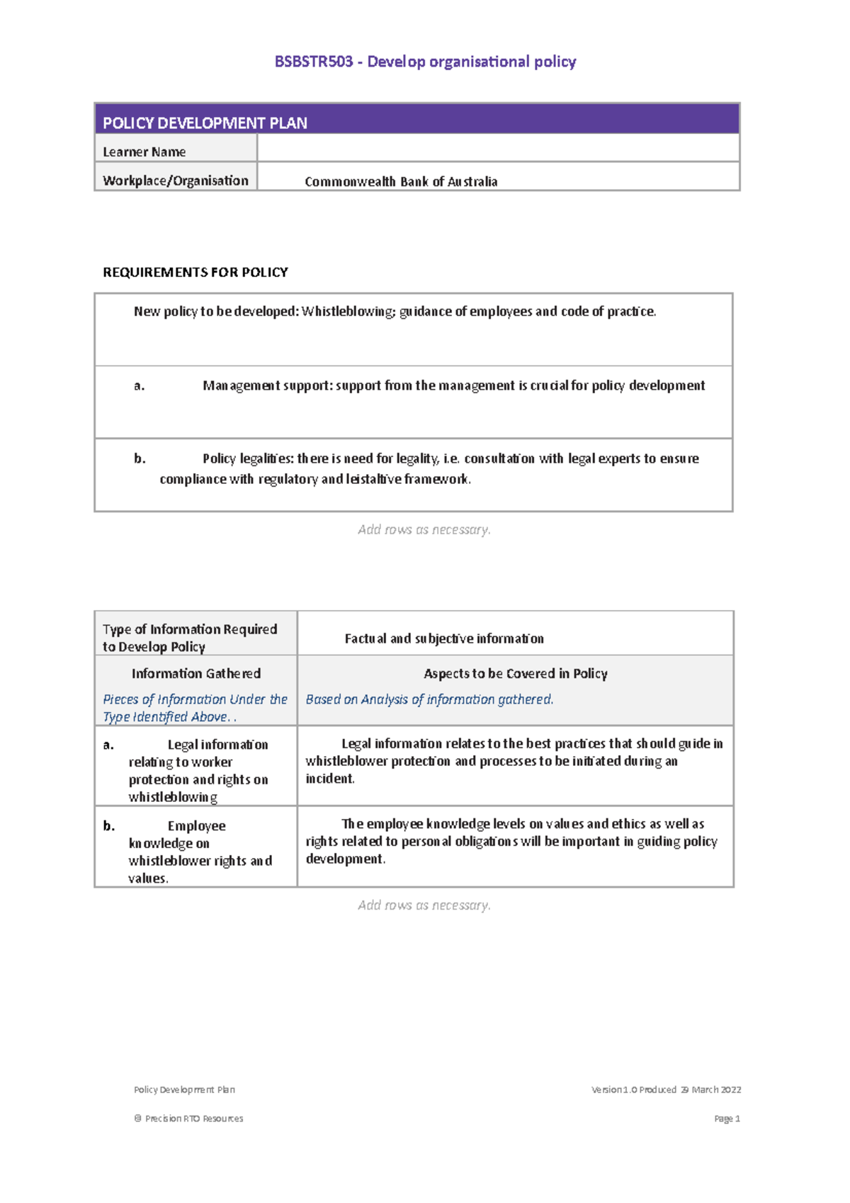 Bsbstr 503 Policy Development Plan - BSBSTR503 - Develop organisational ...