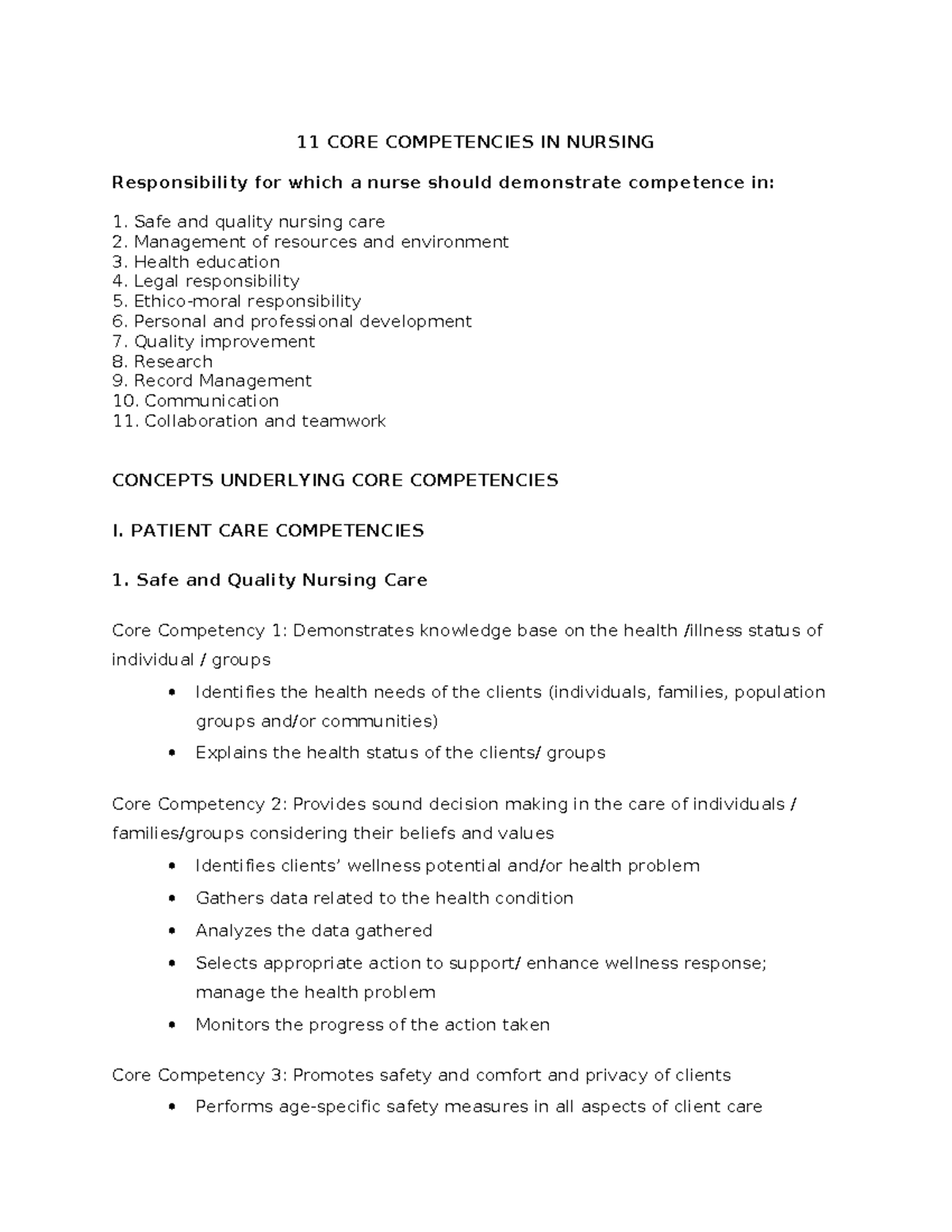 Nursing Core Competencies - 11 CORE COMPETENCIES IN NURSING ...
