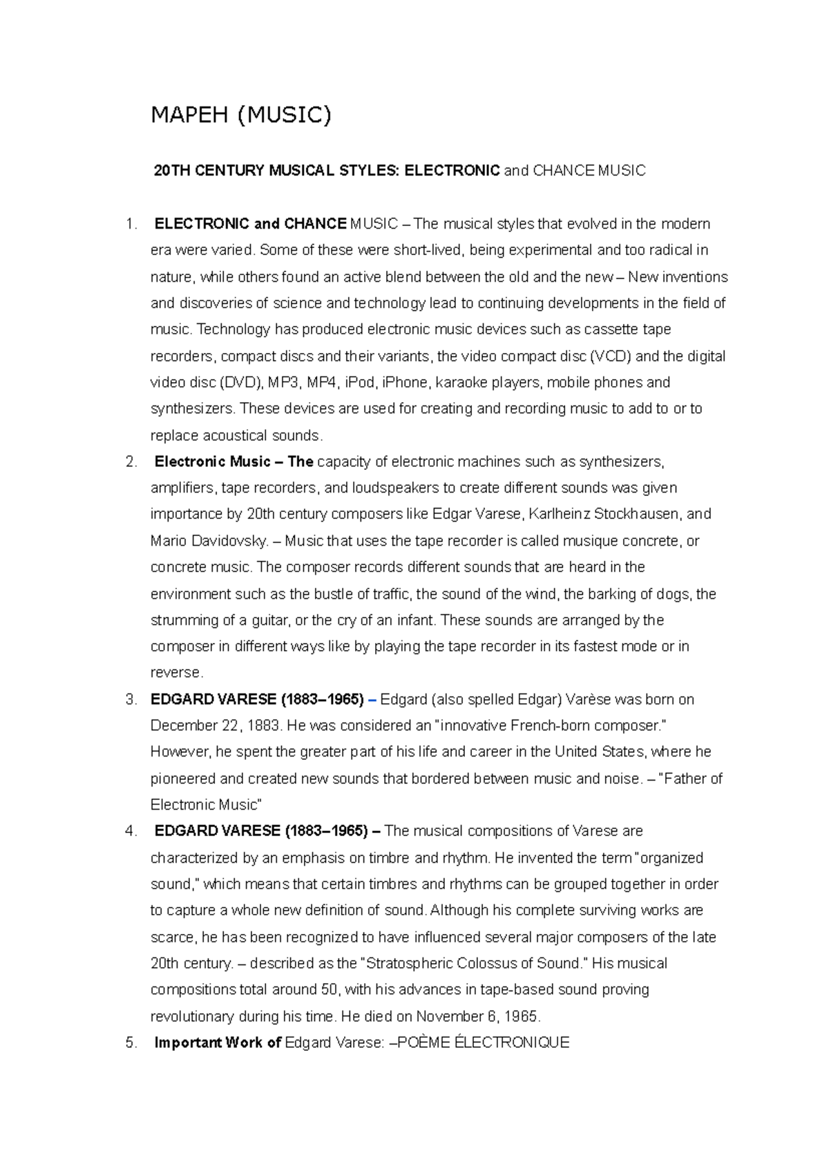 Mapeh ( Music) - STUDY - MAPEH (MUSIC) ####### 20TH CENTURY MUSICAL ...