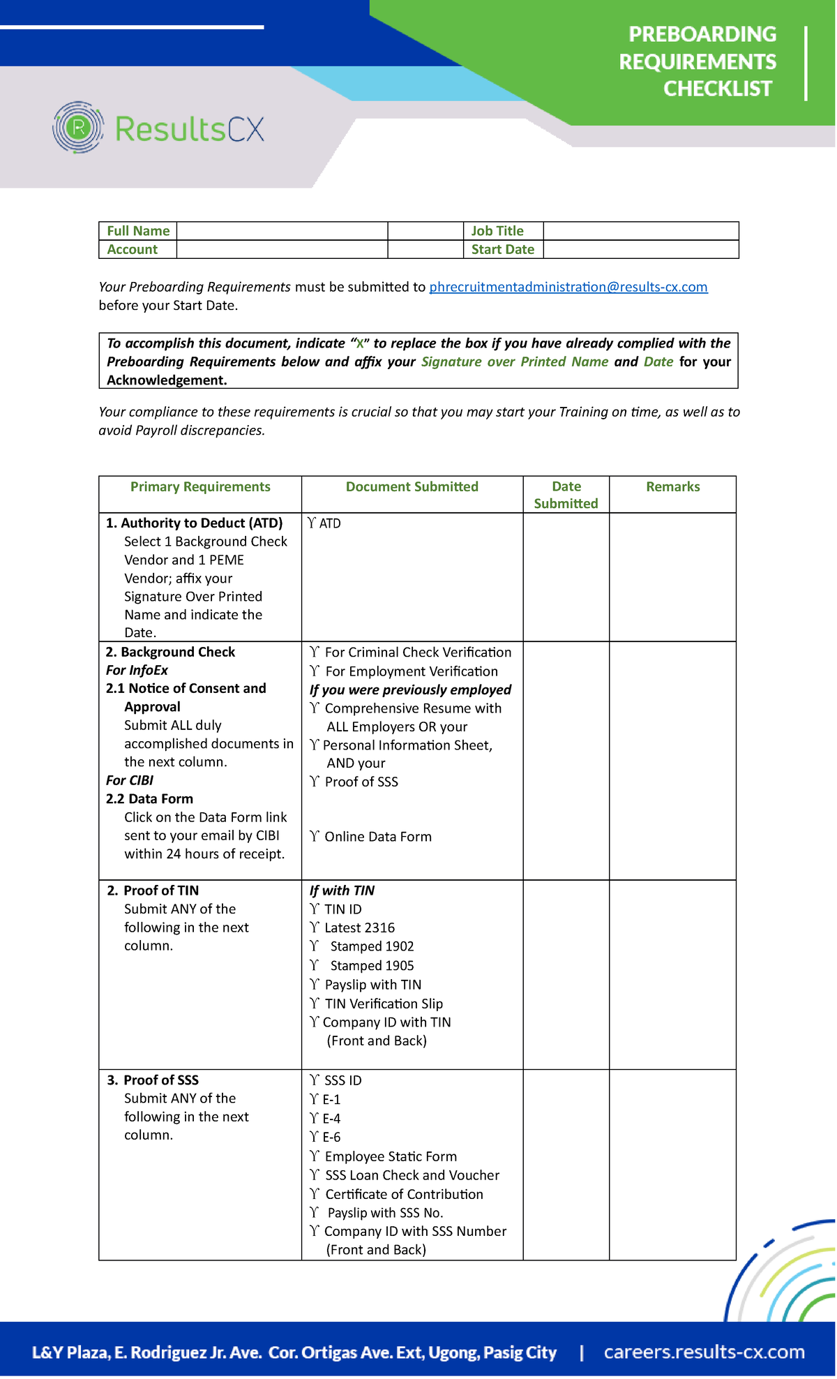 Preboarding Requirements Checklist - Full Name Job Title Account Start ...
