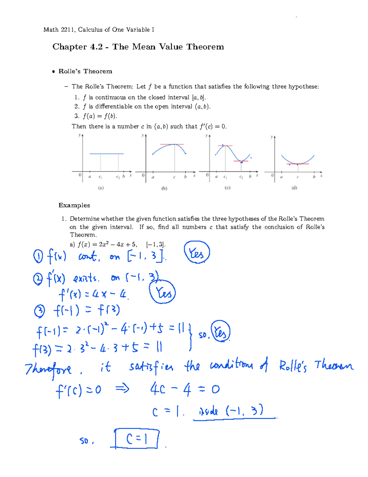 Sol. of Notes 4 - Yang Li - Math 2211, Calculus of One Variable I ...