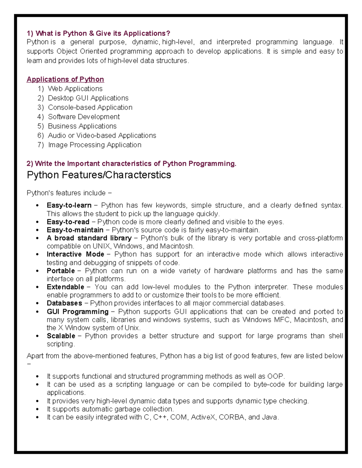 Python Question bank(Sloved) - 1) What is Python & Give its ...