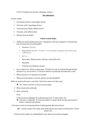 Introduction to Security Studies - Lecture notes - Lecture 1 - POL 114 ...