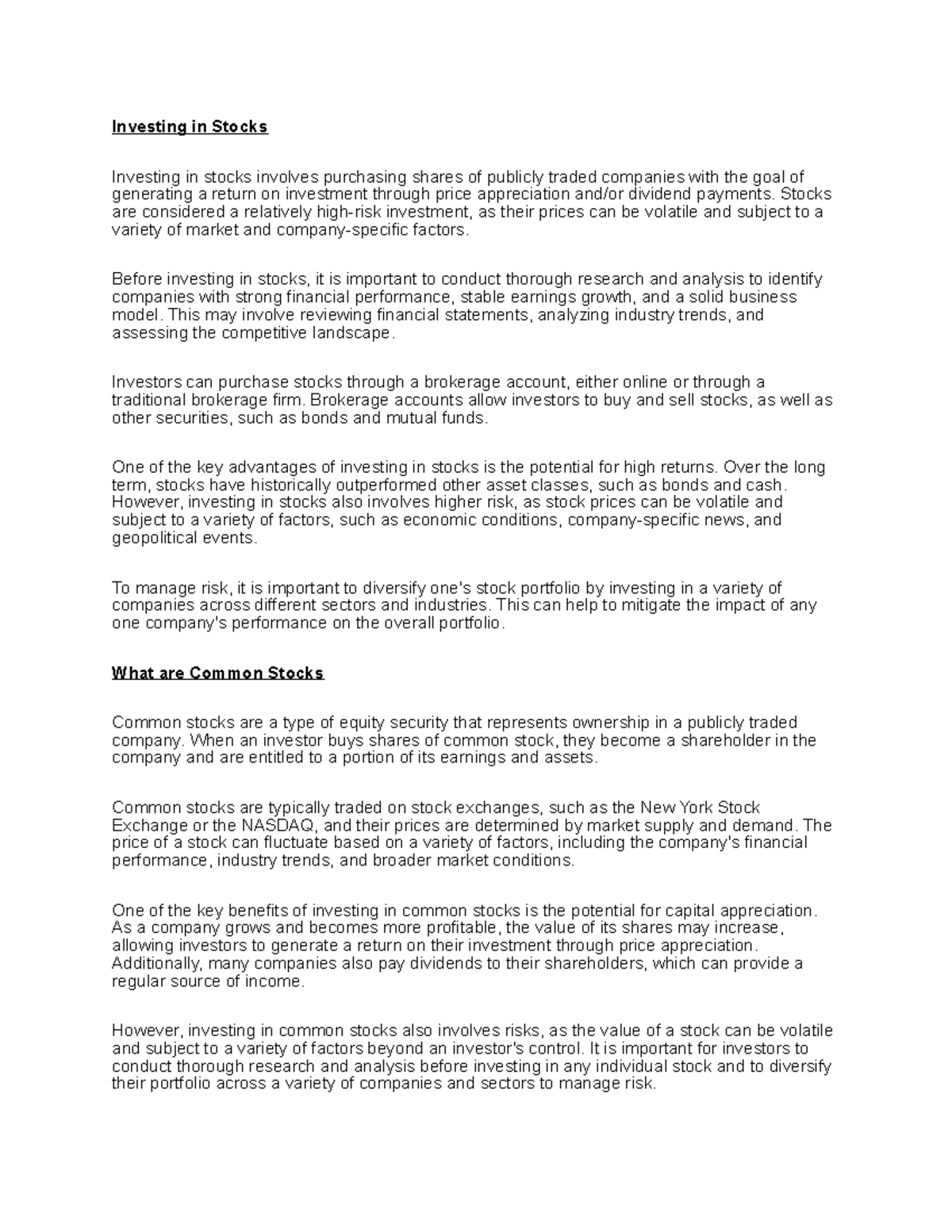 Investing In Stocks Investing In Stocks Investing In Stocks Involves