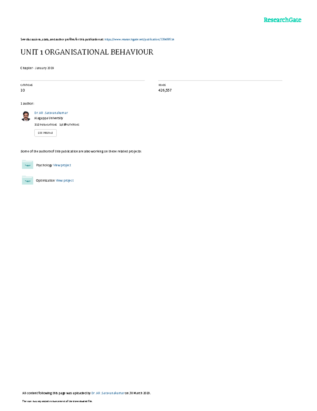 UNIT 1 Organisational Behaviour 1 1 - See discussions, stats, and ...