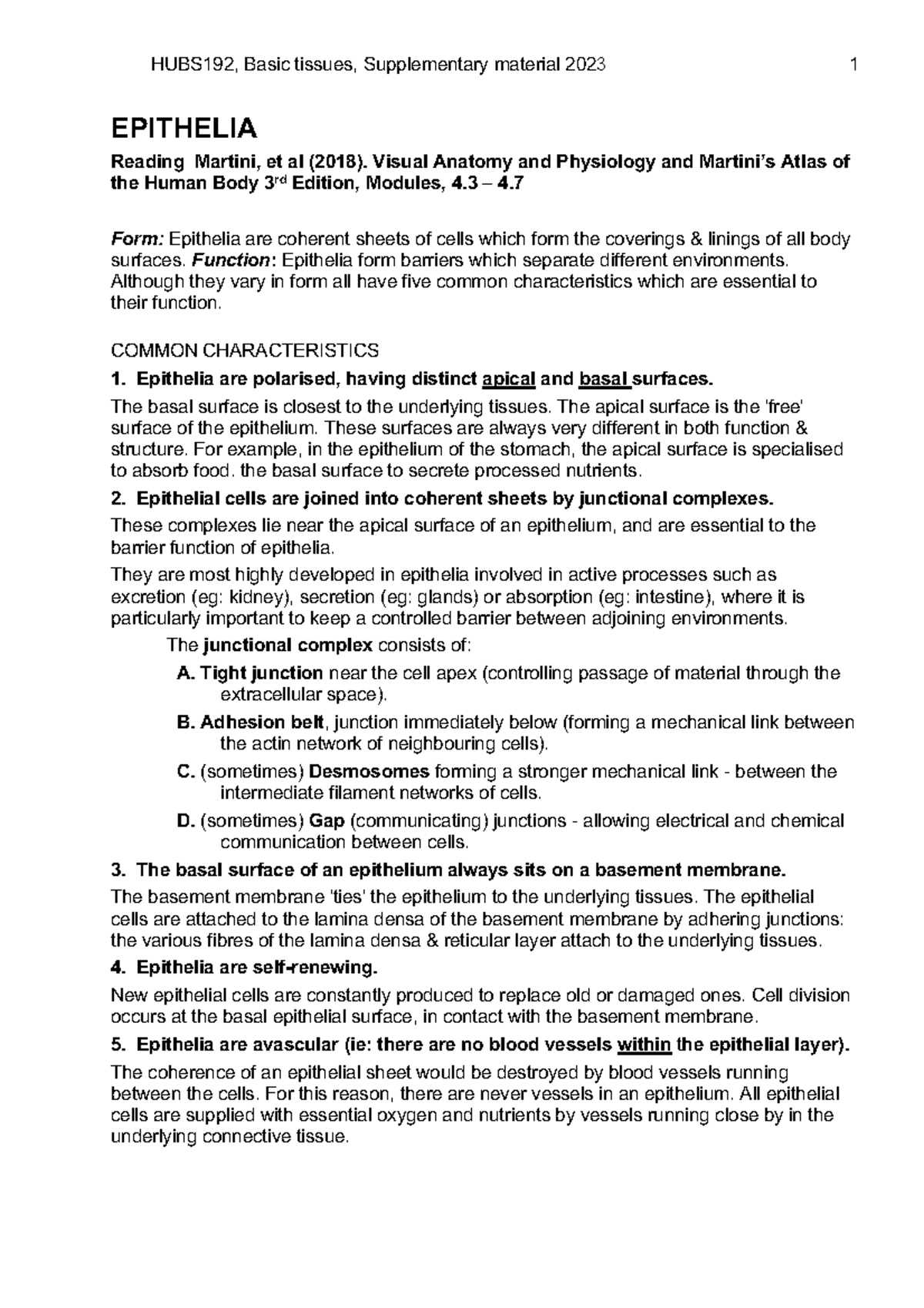 Basic tissue notes 2023 - Human Body Systems 2 - University of Otago ...