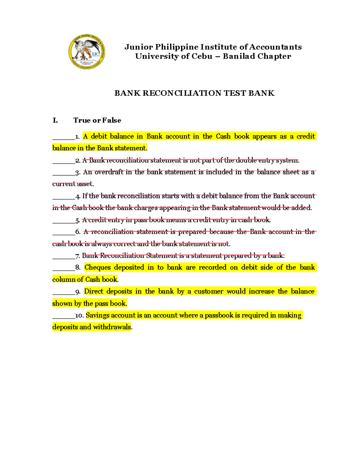 BANK Reconciliation TEST BANK - Junior Philippine Institute of ...