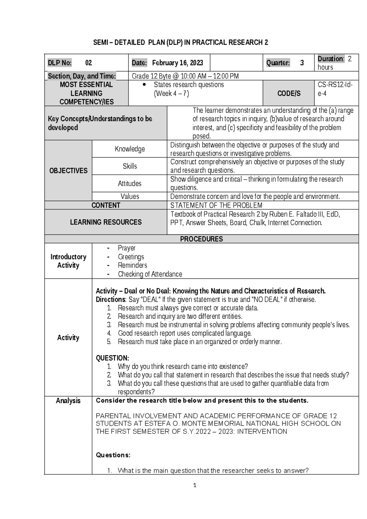 Sample OF SEMI Detailed Lesson PLAN - SEMI – DETAILED PLAN (DLP) IN ...