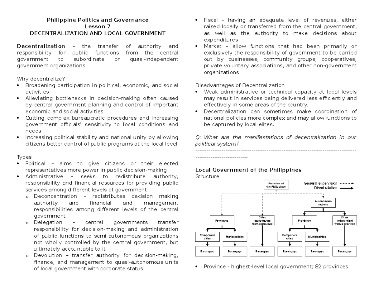 Lesson 7 Decentralization and Local Government - Philippine Politics ...