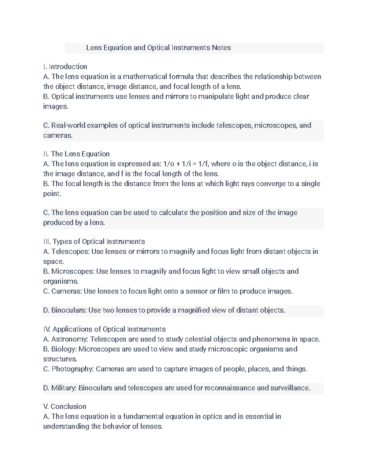 Lens Equation and Optical Instruments Notes - Introduction A. The lens ...