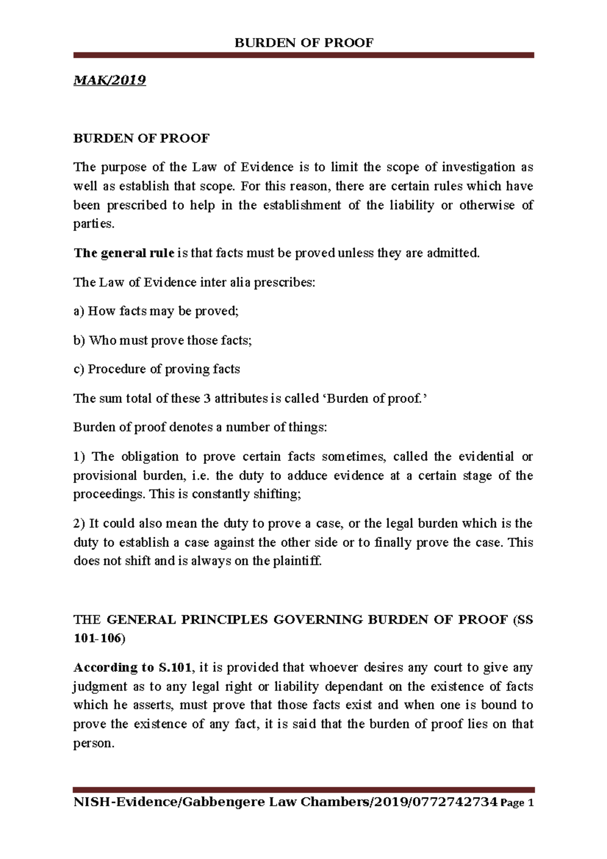 Burden OF Proof - MAK/ BURDEN OF PROOF The purpose of the Law of ...