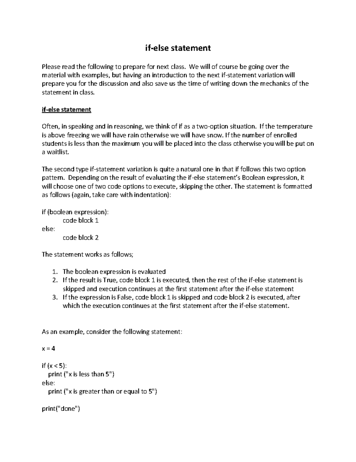 If-else handout - Lecture note summaries - if-else statement Please ...