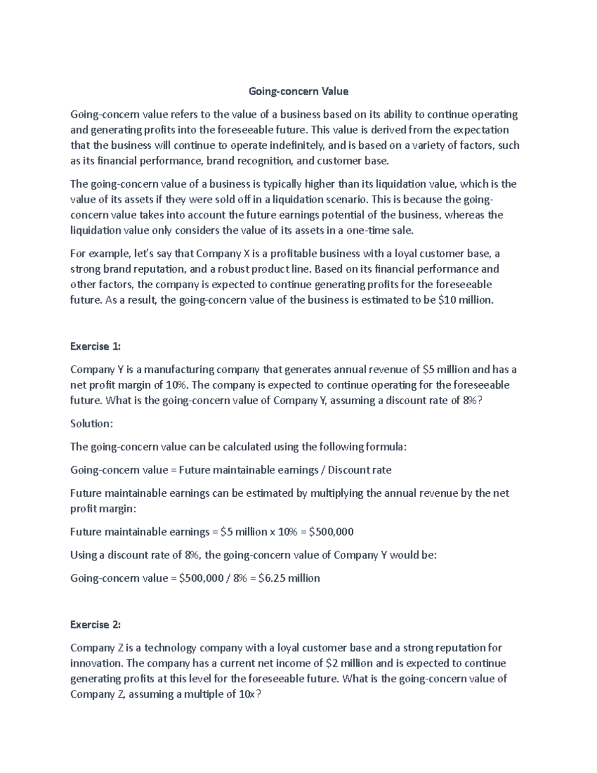 Going-concern Value - Notes with exercises of the concept. - Going ...