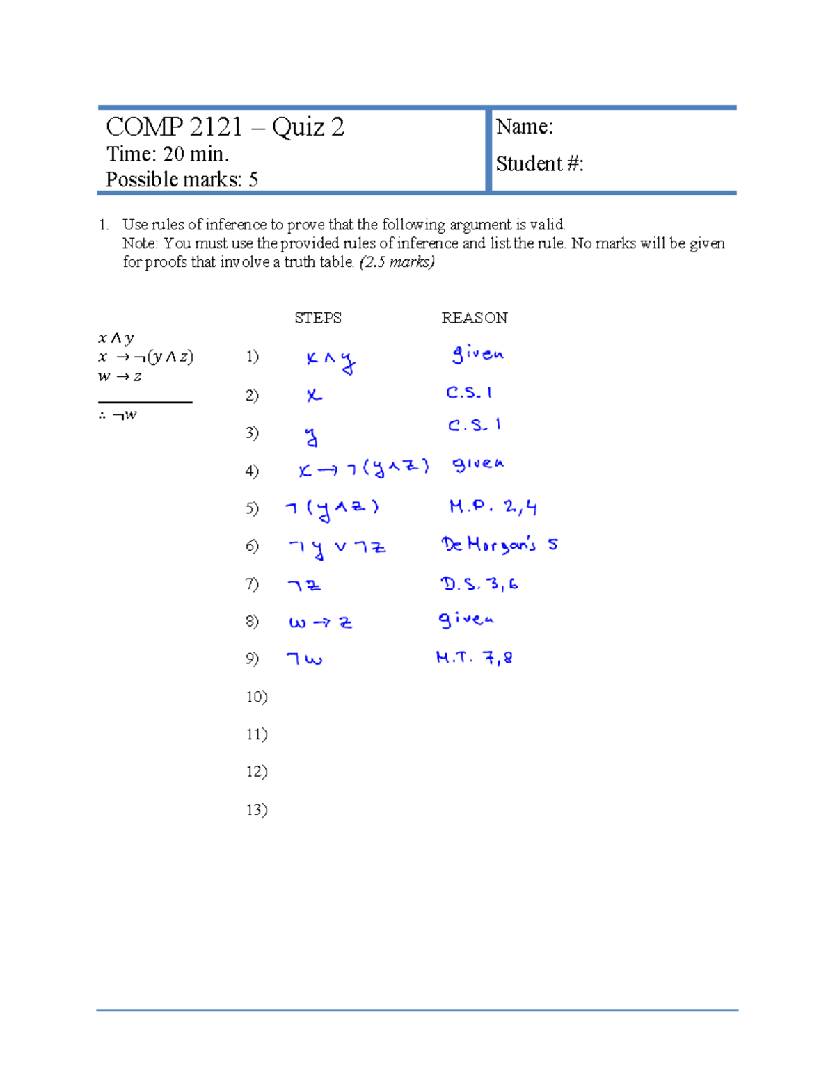 Comp2121Quiz2v1 - Solution - Use rules of inference to prove that the following argument is ...
