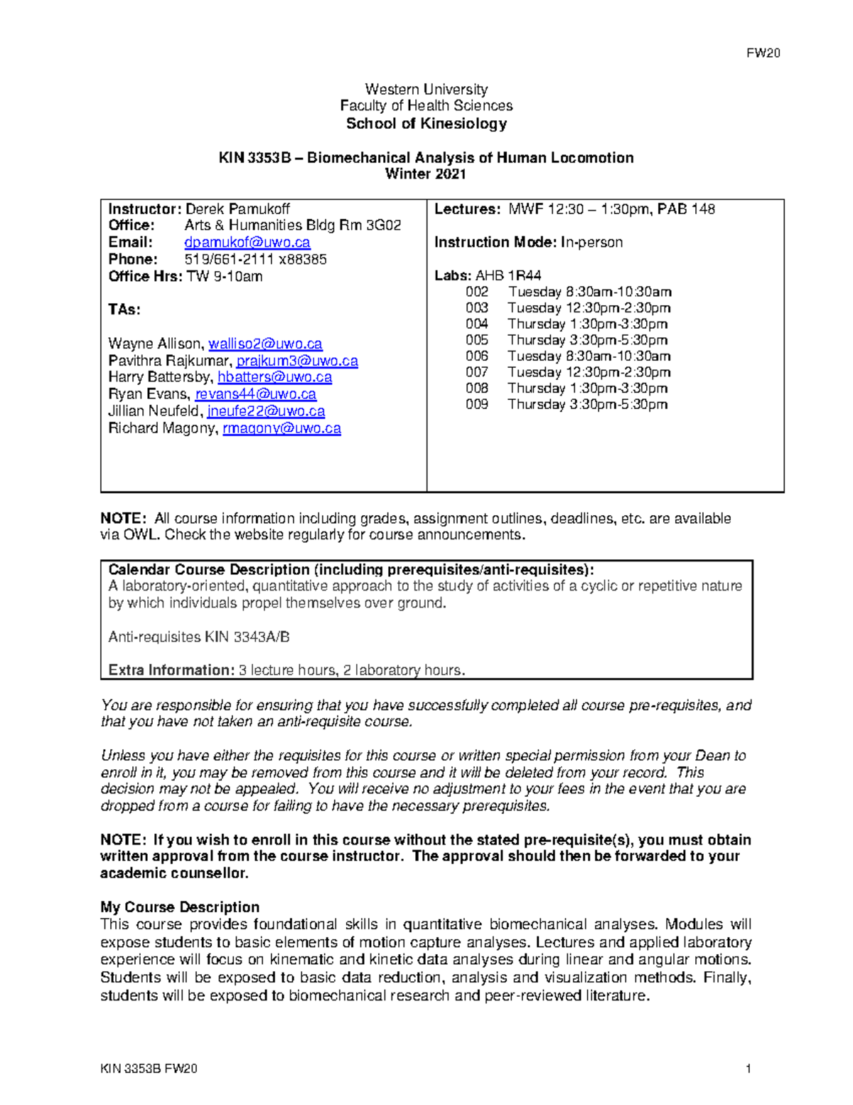 KIN+3353B+FW21+Outline - Western University Faculty of Health Sciences ...