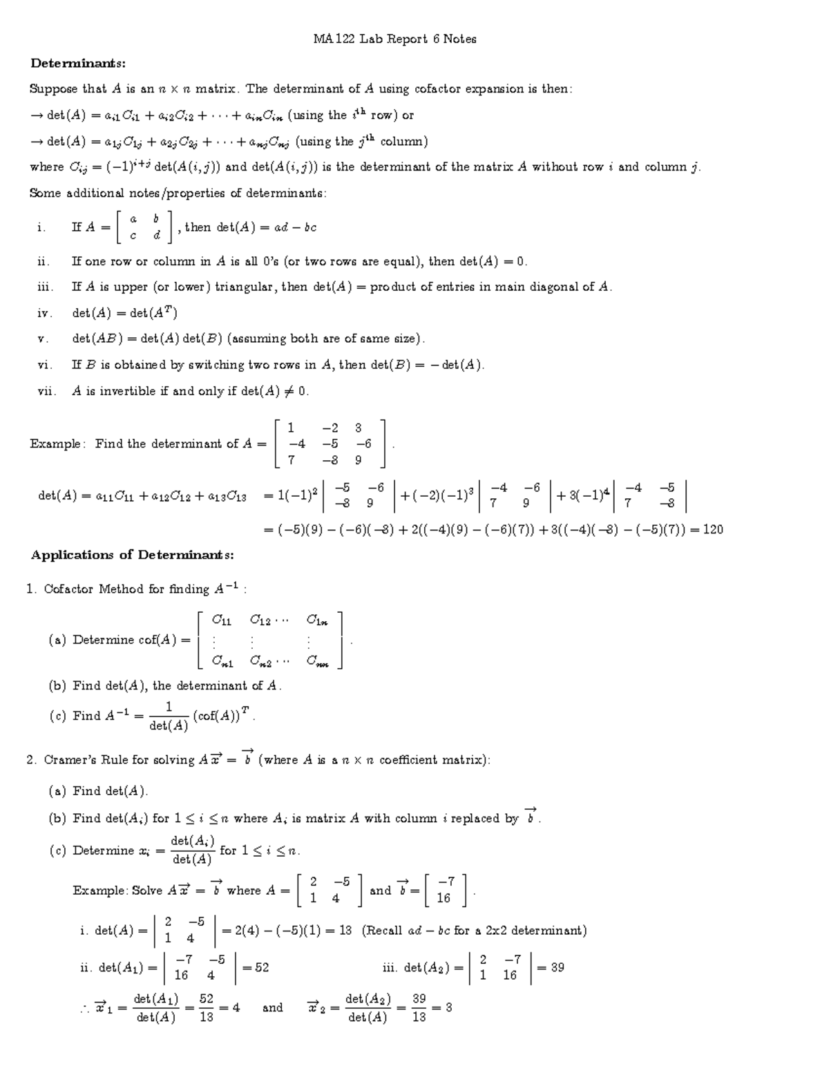 Lab6Notes - MA122 Lab Report 6 Notes Determinants: Suppose that A is an ...
