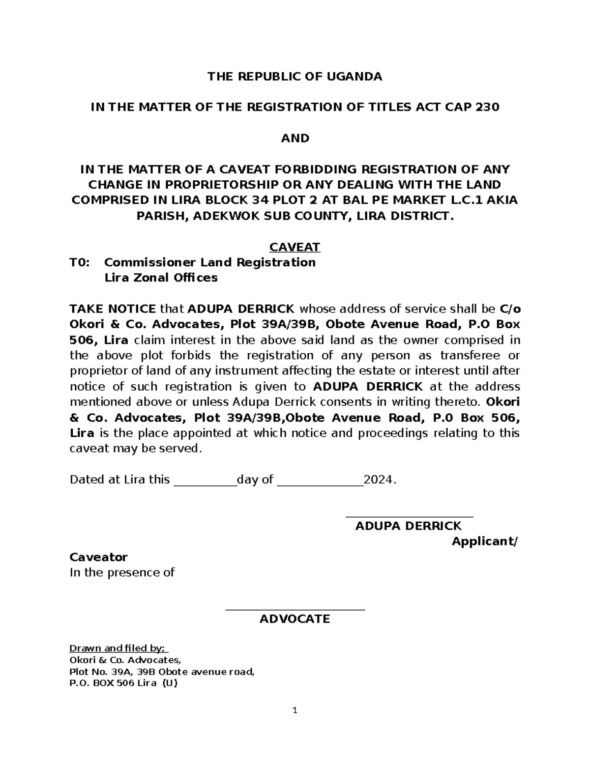 CAVEAT EMPTOR DEED - THE REPUBLIC OF UGANDA IN THE MATTER OF THE ...