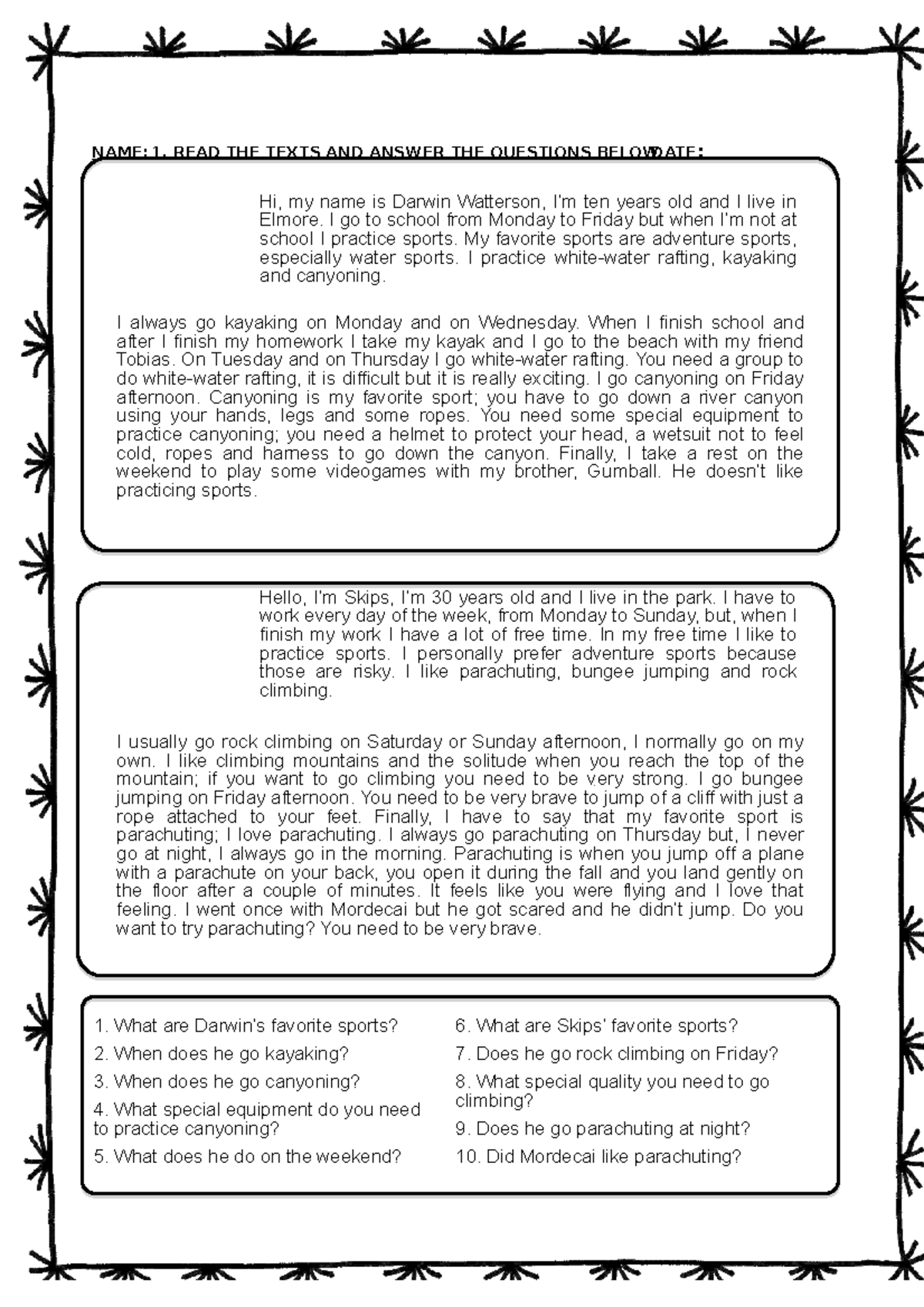 Day 2 Reading Adventure Sports NAME 1 READ THE TEXTS AND ANSWER THE day-2-reading-adventure-sports-name-1-read-the-texts-and-answer-the