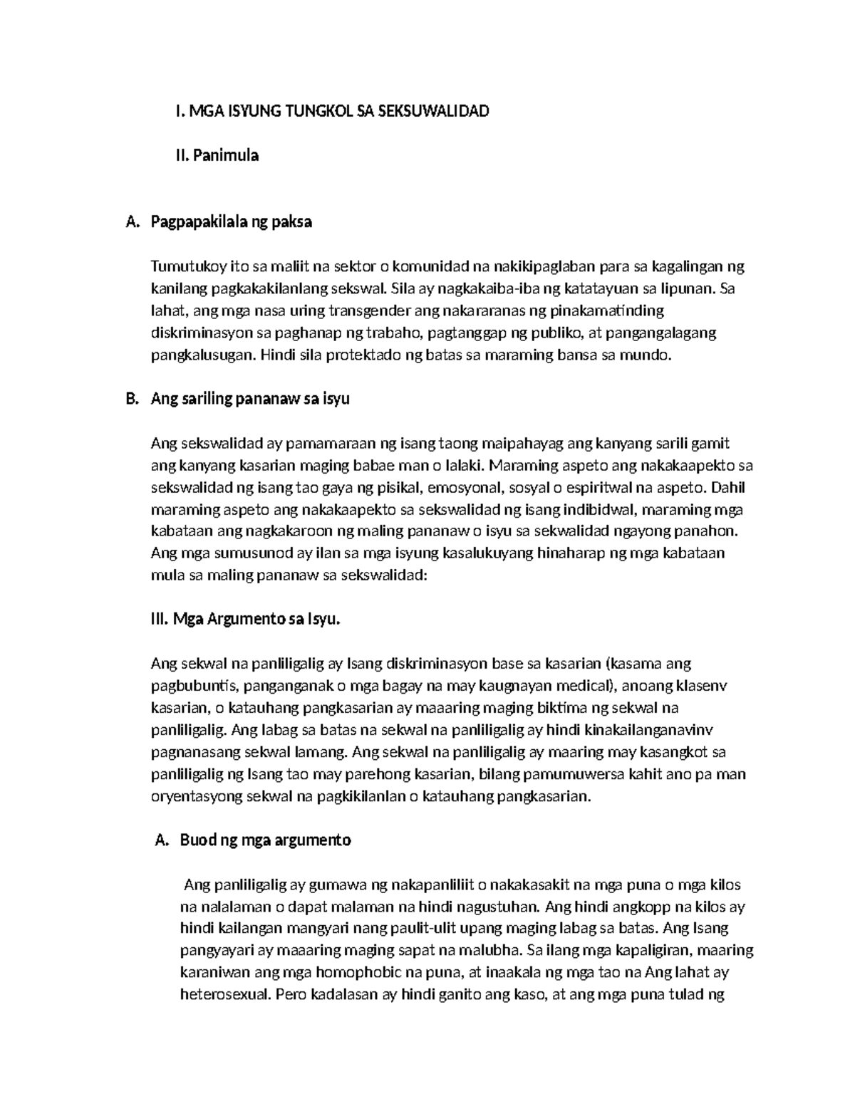 I - nothing - I. MGA ISYUNG TUNGKOL SA SEKSUWALIDAD II. Panimula A ...