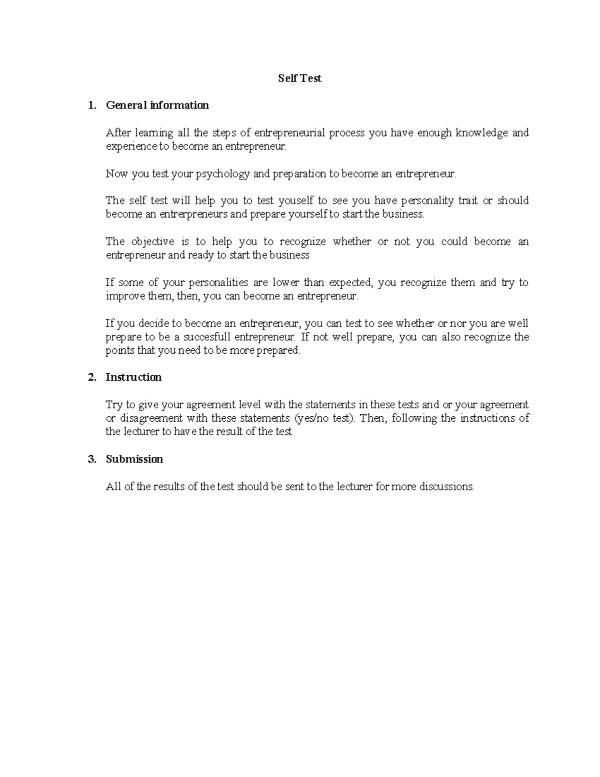 Self Test Instruction Self Test Self Test General Information After