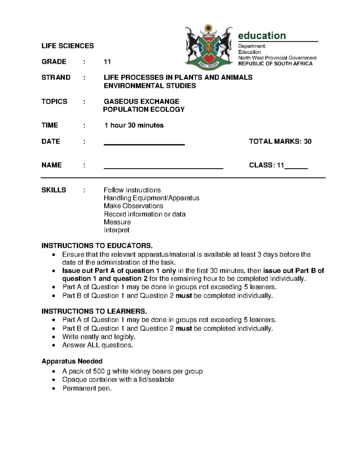 Grade 11 TERM 3 Practical TASK 2024 QP - LIFE SCIENCES GRADE : 11 ...