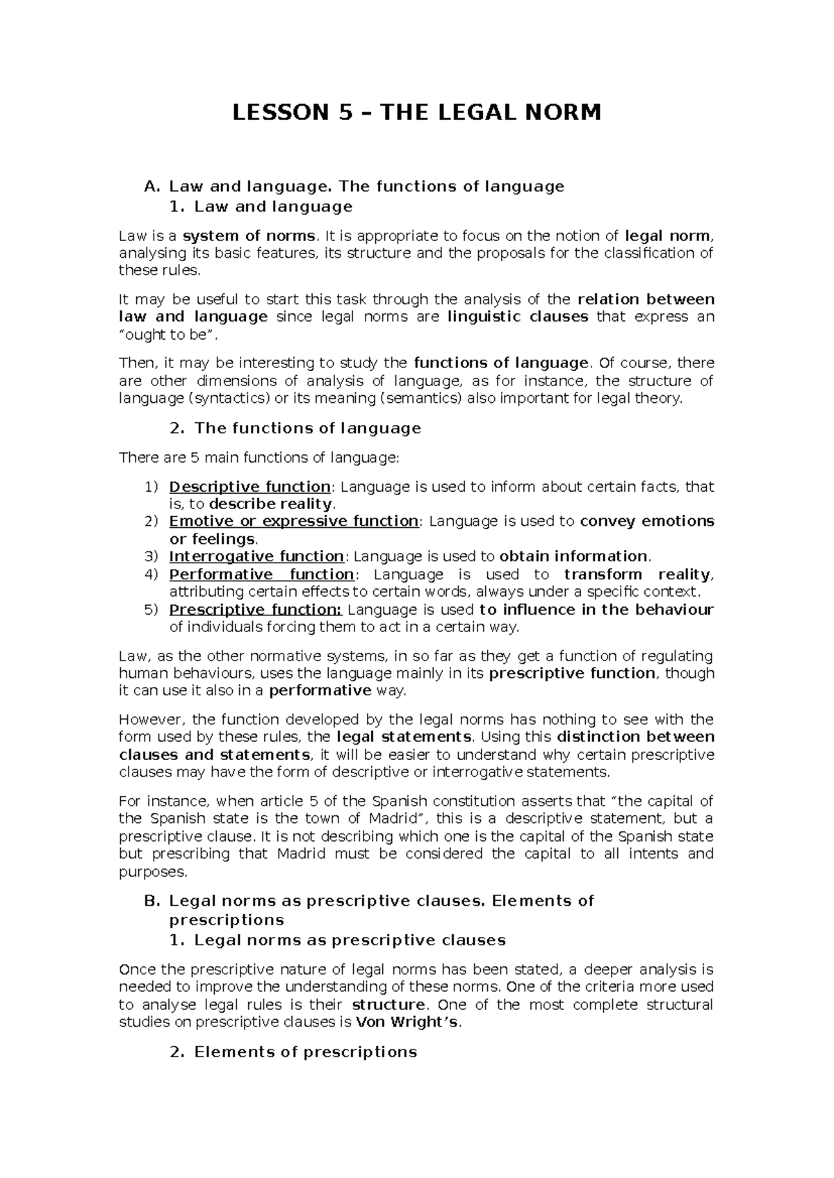 Lesson 5-THE Legal NORM - LESSON 5 – THE LEGAL NORM A. Law and language ...