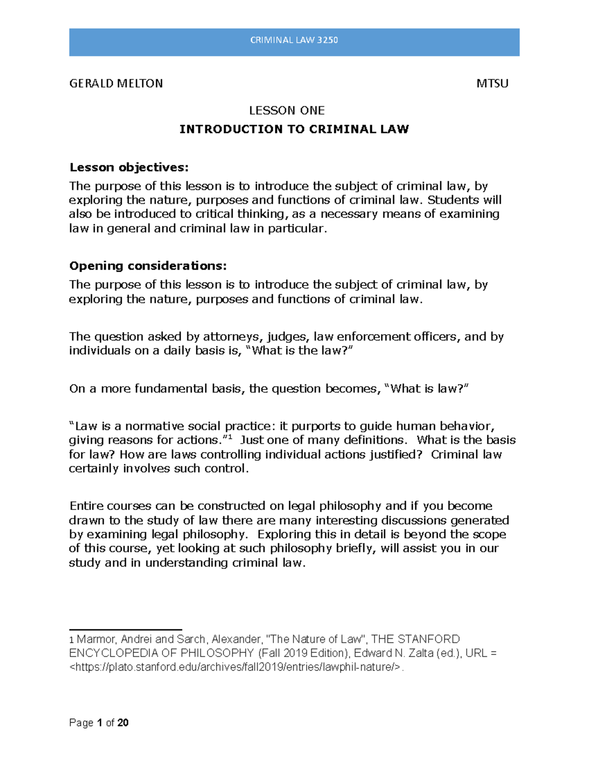 Lesson ONE Introduction to Criminal Law - GERALD MELTON MTSU LESSON ONE ...