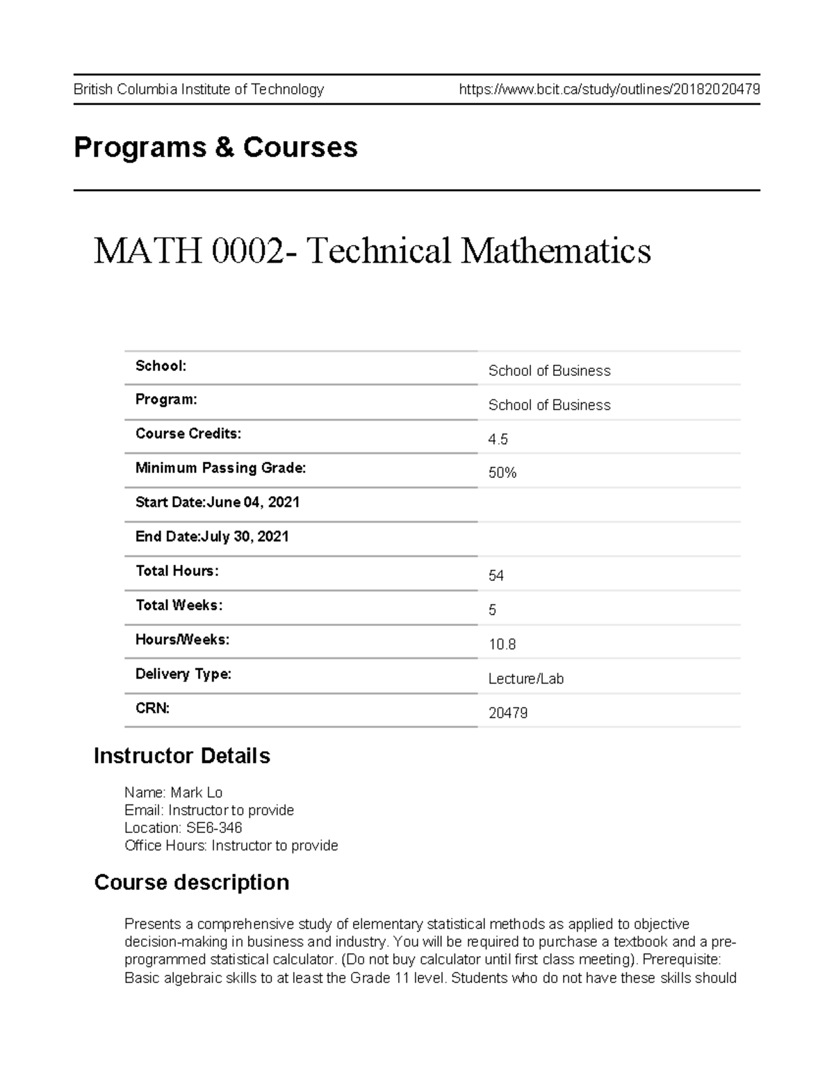 Course Outline-math0002 - MATH 0002- Technical Mathematics School ...